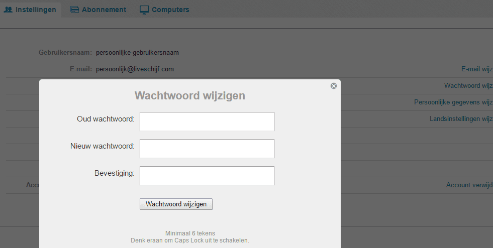 Het wachtwoord wijzigen van het online back-up account
